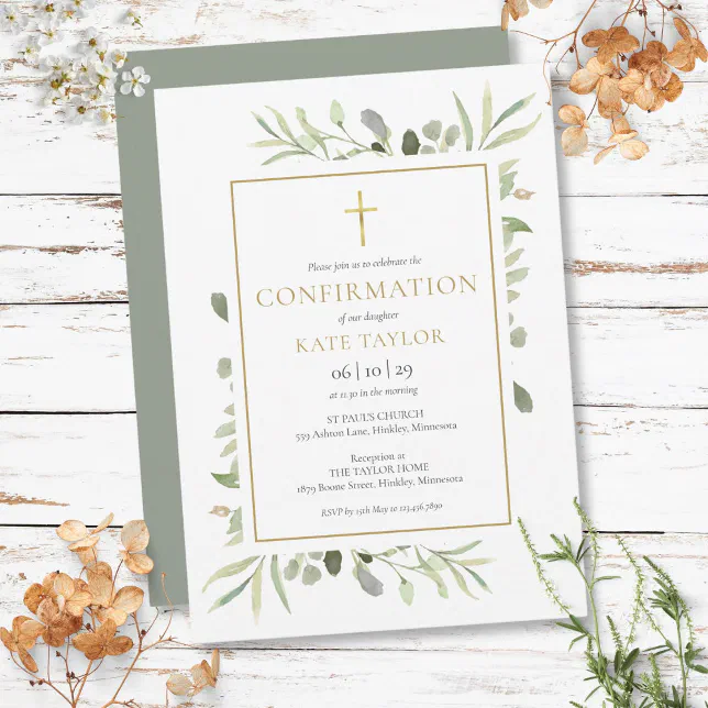 Watercolor Greenery Gold Confirmation Invitation | Zazzle