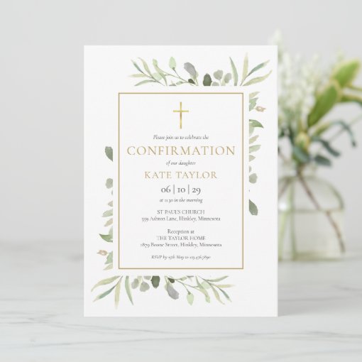 Watercolor Greenery Gold Confirmation Invitation | Zazzle