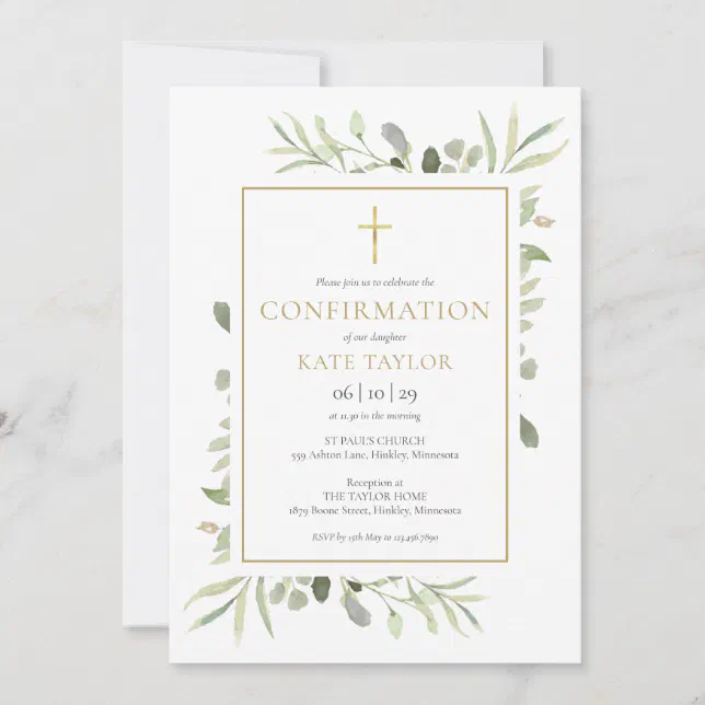 Watercolor Greenery Gold Confirmation Invitation | Zazzle