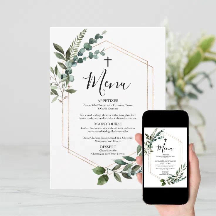 Watercolor Greenery Gold Cross Baptism Menu Card | Zazzle