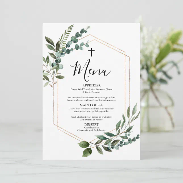 Watercolor Greenery Gold Cross Baptism Menu Card | Zazzle