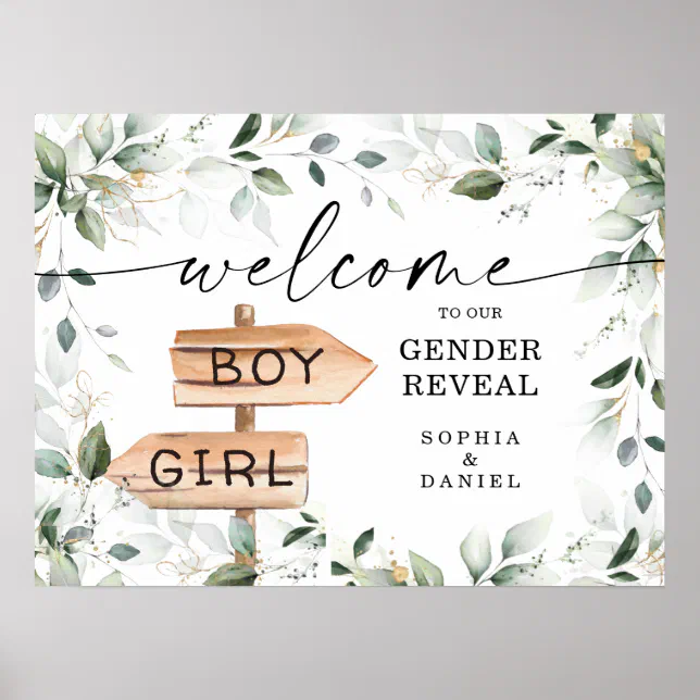 Watercolor Greenery Gold Gender Reveal Welcome Poster | Zazzle