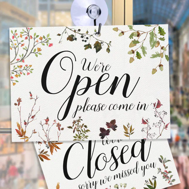 Watercolor Greenery Open Closed Fall Autumn Sign | Zazzle