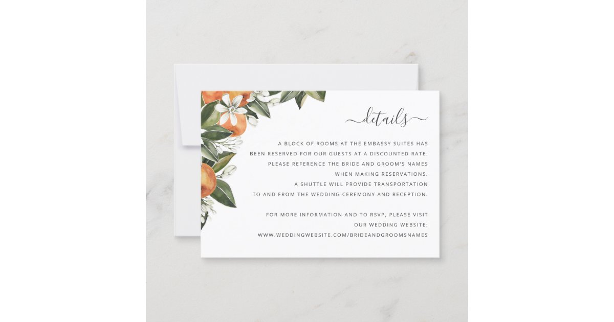 Watercolor Greenery Orange Blossom Leaves Details Invitation | Zazzle