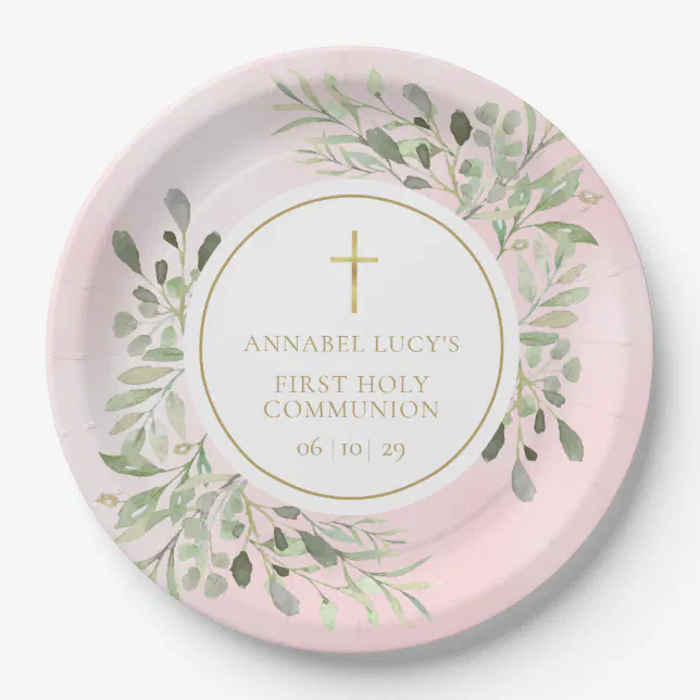 Watercolor Greenery Pink First Holy Communion Paper Plates | Zazzle