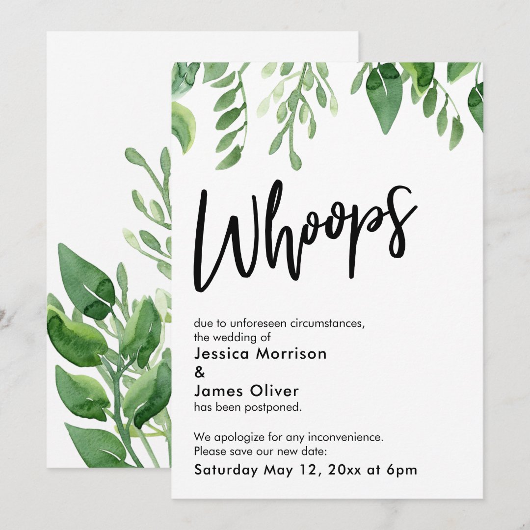 Watercolor Greenery Postponed Wedding Whoops Card | Zazzle
