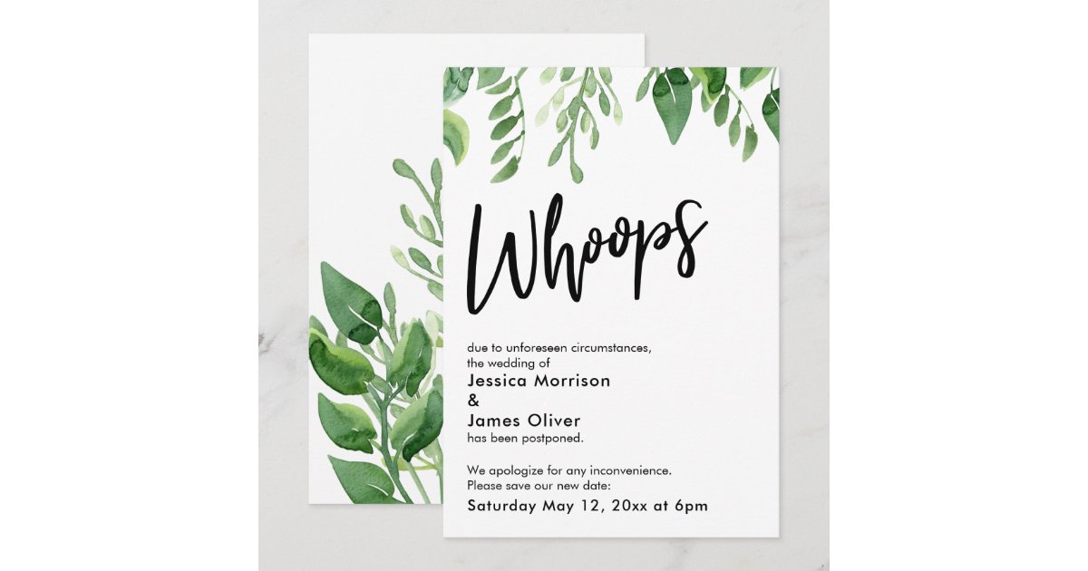 Watercolor Greenery Postponed Wedding Whoops Card | Zazzle