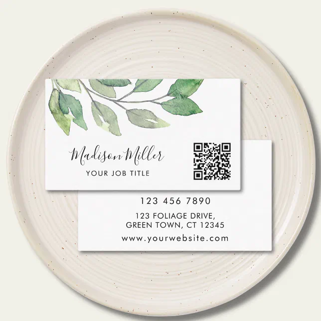 Watercolor Greenery QR Code Business Card | Zazzle