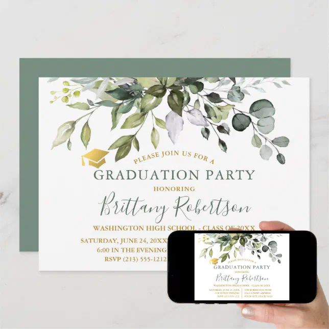 Watercolor Greenery Sage Green Graduation Party Invitation | Zazzle