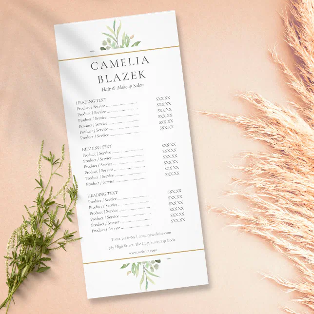 Watercolor Greenery Salon Service Menu | Zazzle