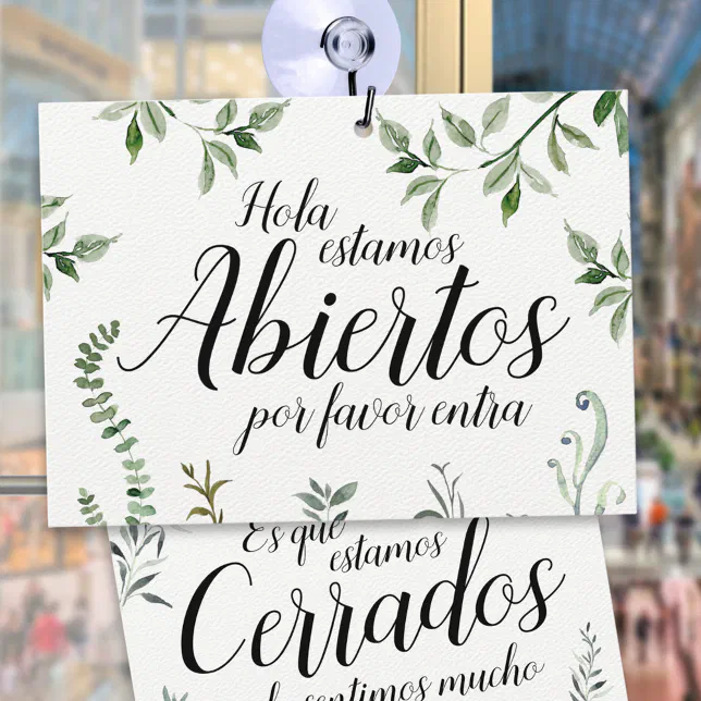 Watercolor Greenery Spanish Open Closed Sign | Zazzle