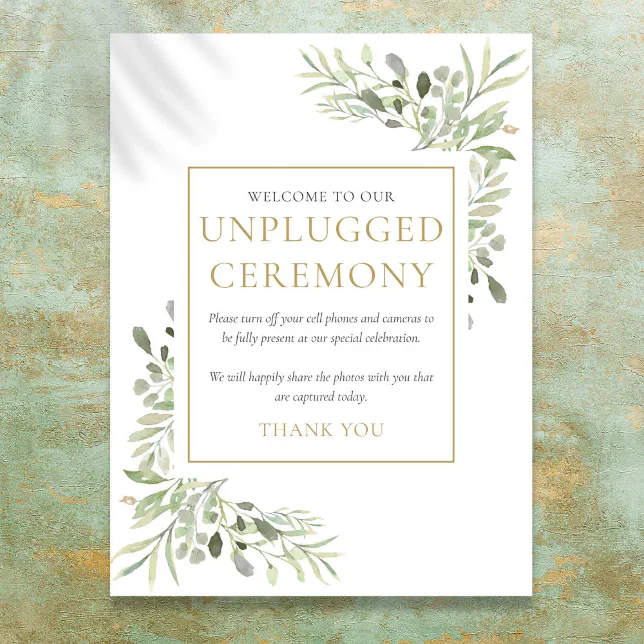 Watercolor Greenery Unplugged Ceremony Sign | Zazzle
