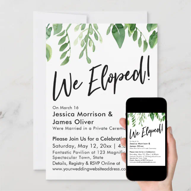 Watercolor Greenery We Eloped! Reception Only Invitation | Zazzle