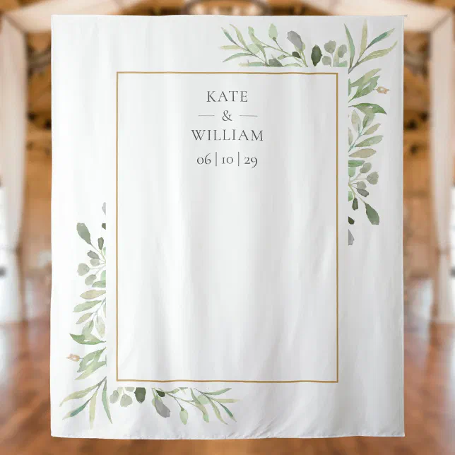 Watercolor Greenery Wedding Photo Booth Backdrop | Zazzle