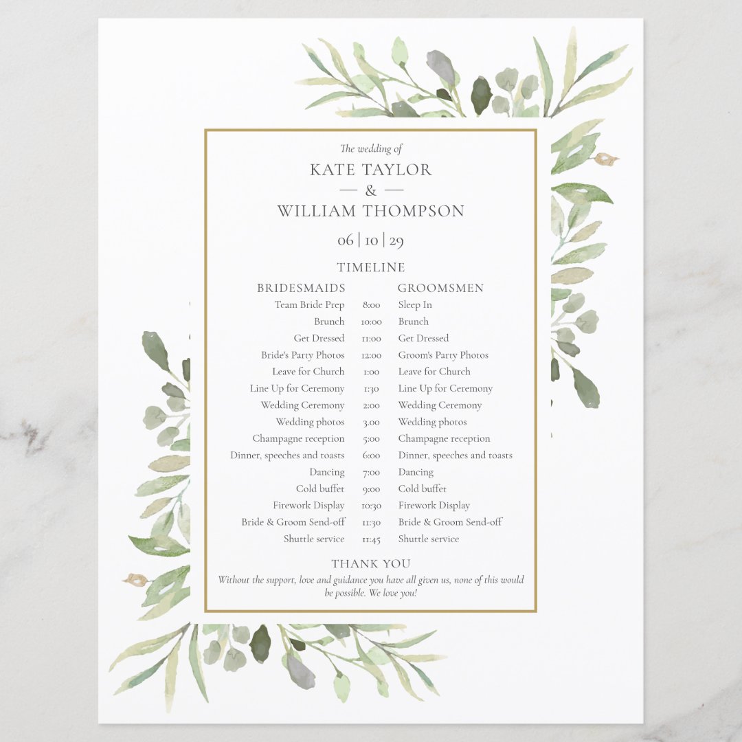 Watercolor Greenery Wedding Schedule Timeline | Zazzle