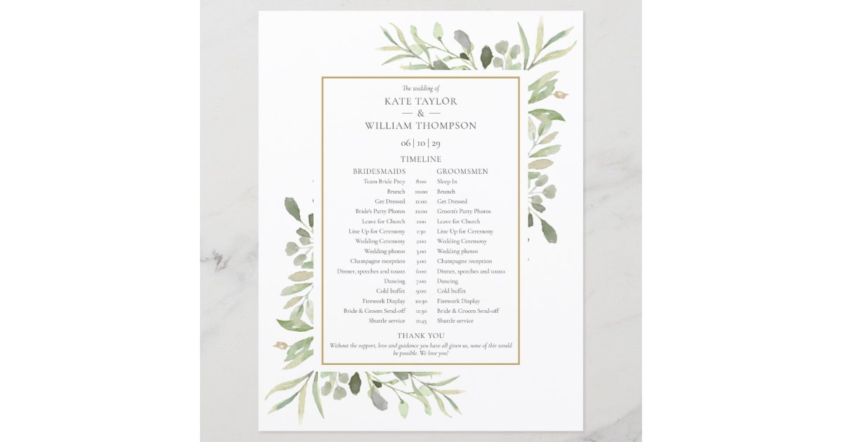Watercolor Greenery Wedding Schedule Timeline | Zazzle