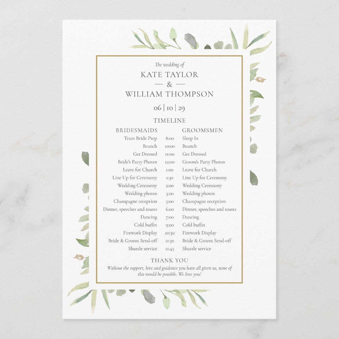 Watercolor Greenery Wedding Schedule Timeline Program | Zazzle