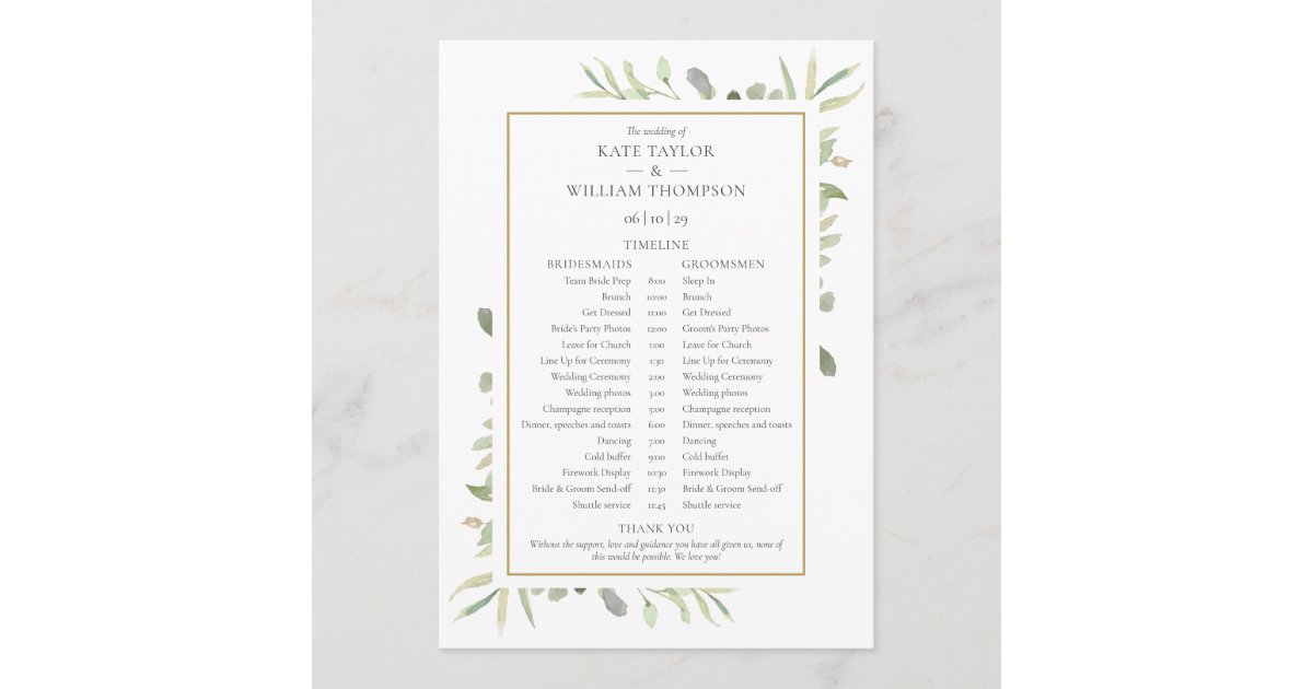 Watercolor Greenery Wedding Schedule Timeline Program | Zazzle