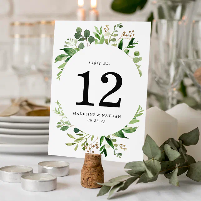 Watercolor Greenery Wedding Table Number | Zazzle