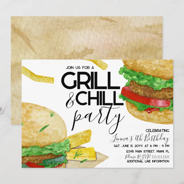 Watercolor Grilling Burger Fries Birthday Party Invitation | Zazzle