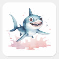 Watercolor Hand Drawn Cute Playful Baby Shark Square Sticker | Zazzle