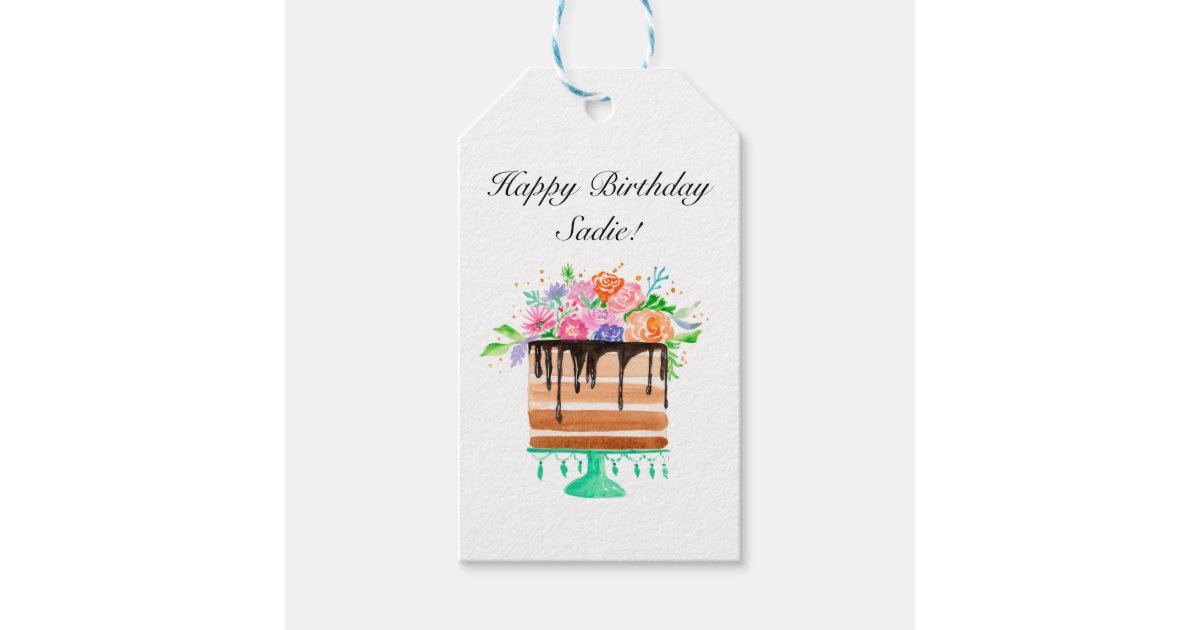 Watercolor Happy Birthday Floral Cake Gift Tags | Zazzle