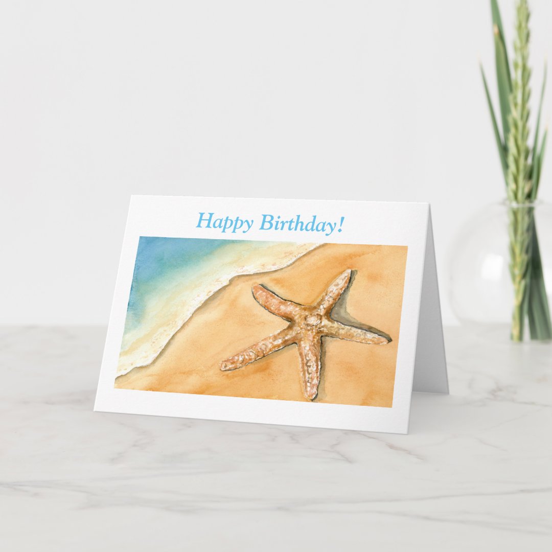 Watercolor Happy Birthday Starfish On Beach Card | Zazzle