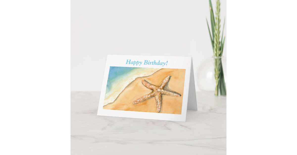 Watercolor Happy Birthday Starfish On Beach Card | Zazzle