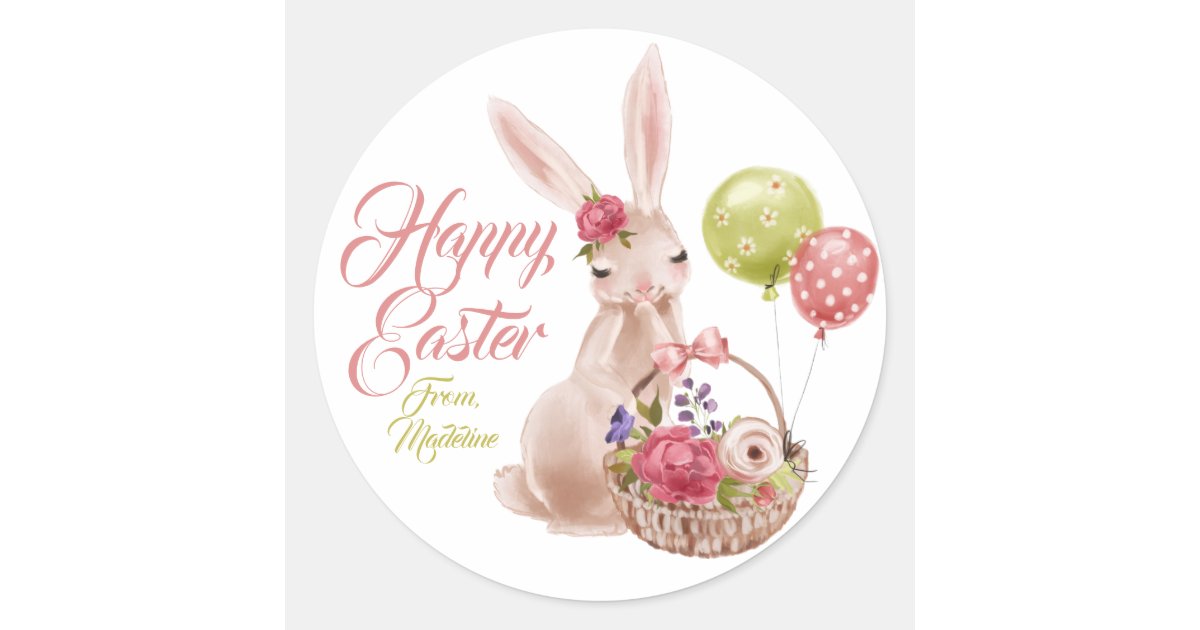 Watercolor Happy Easter Bunny Favor Classic Round Sticker | Zazzle