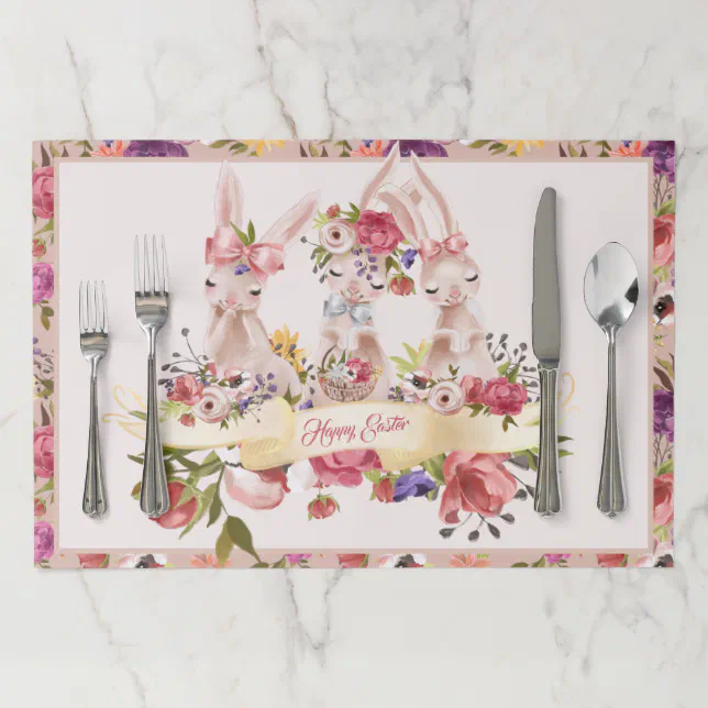 Watercolor Happy Easter Bunny Paper Placemat | Zazzle