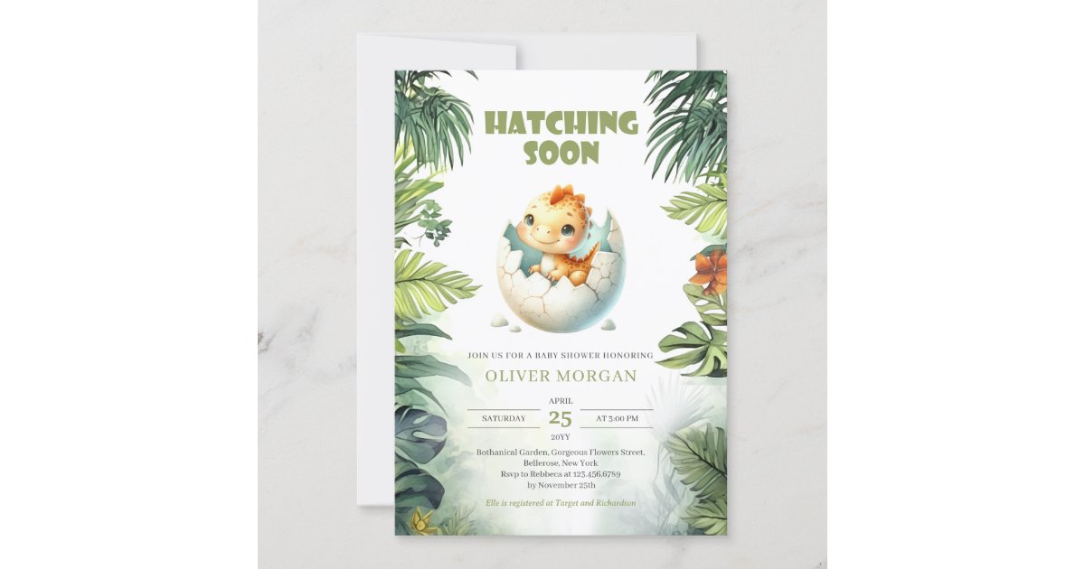 Watercolor hatching soon dinosaur baby shower invitation | Zazzle
