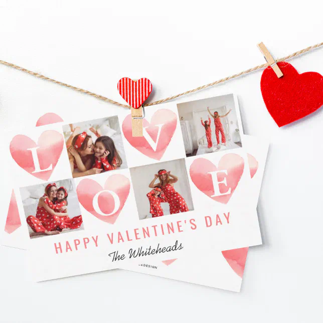 Watercolor Heart Love Photo Collage Valentine's Holiday Card | Zazzle