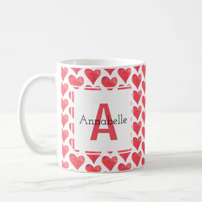 Watercolor Heart Pattern Personalized Monogram Red Coffee Mug | Zazzle