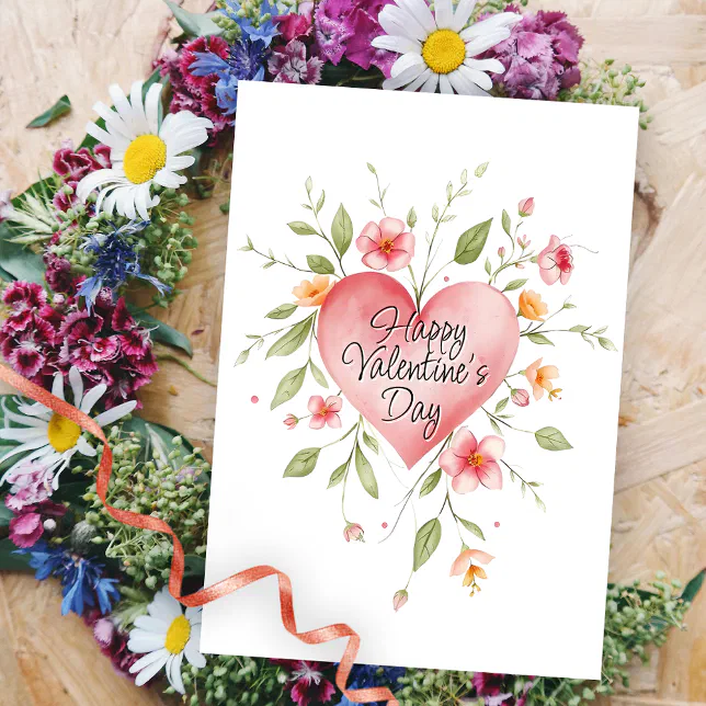 Watercolor Heart with Flowers Valentine's Day Card | Zazzle