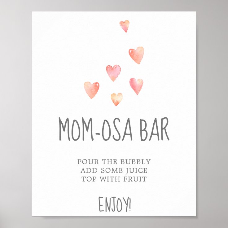 Watercolor Hearts Baby Shower Mom-osa Bar Sign | Zazzle
