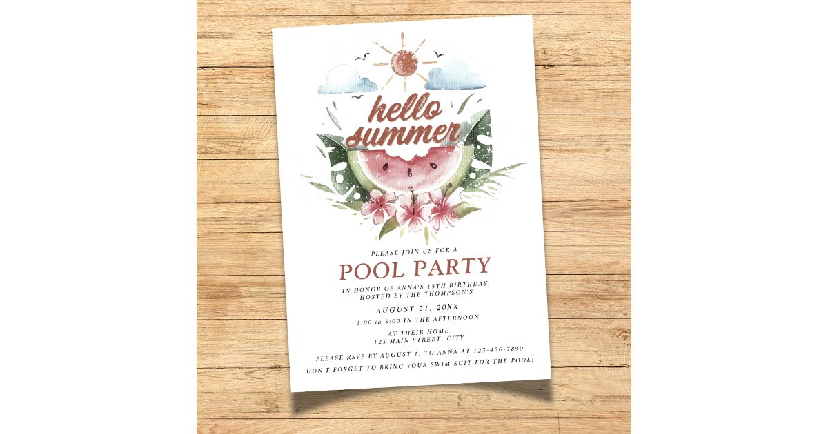 Watercolor Hello Summer Pool Party Invitation | Zazzle