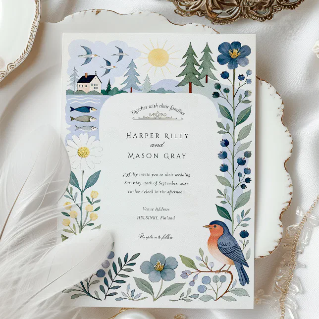 Watercolor Helsinki Nordic Forest & Birds Wedding Invitation | Zazzle
