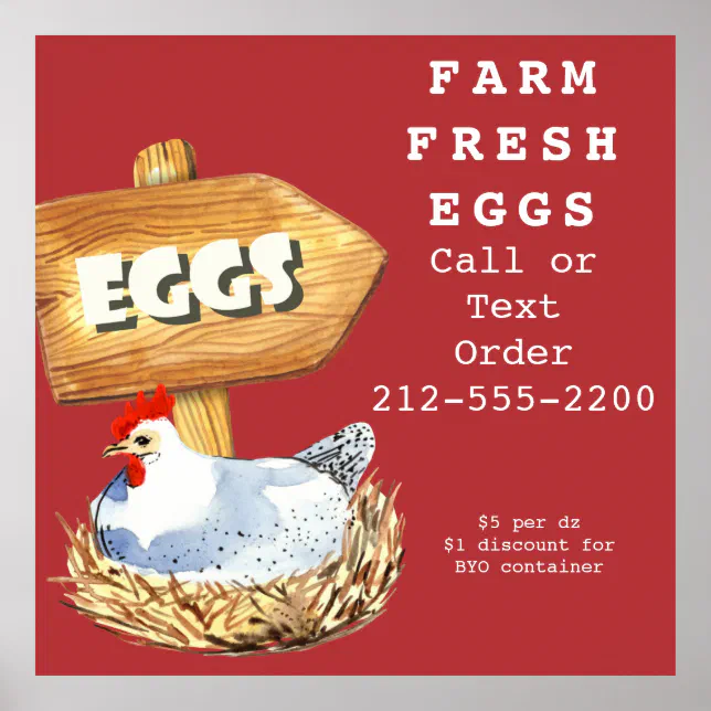 Watercolor Hen Farm Fresh Eggs Poster | Zazzle