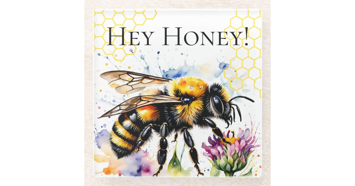 Watercolor Hey Honey Bee Glass Coaster | Zazzle