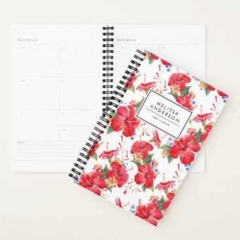 Watercolor Hibiscus and Lantana Pattern Custom Planner | Zazzle