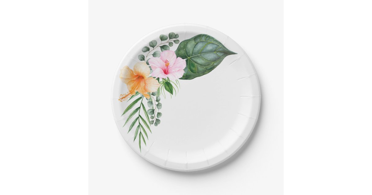 Watercolor Hibiscus and Tropical Foliage Paper Plates | Zazzle