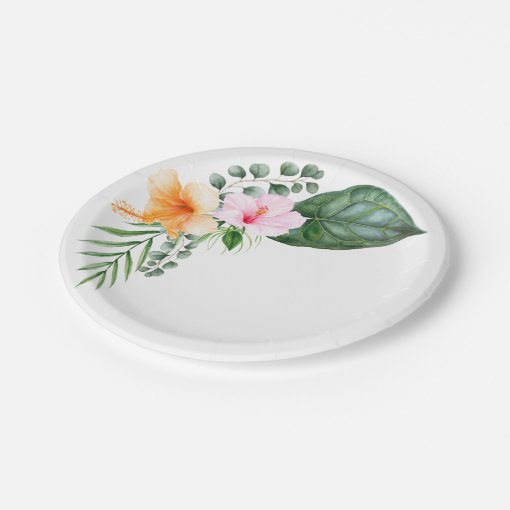 Watercolor Hibiscus and Tropical Foliage Paper Plates | Zazzle