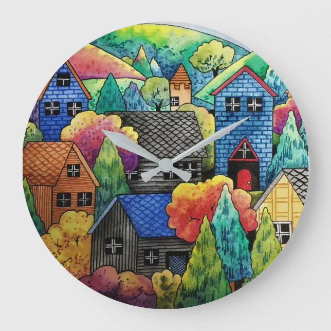Watercolor Hillside Village With Colorful Houses Large Clock | Zazzle