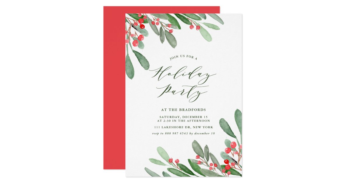 Watercolor Holly and Greenery Holiday Party Invitation | Zazzle.com
