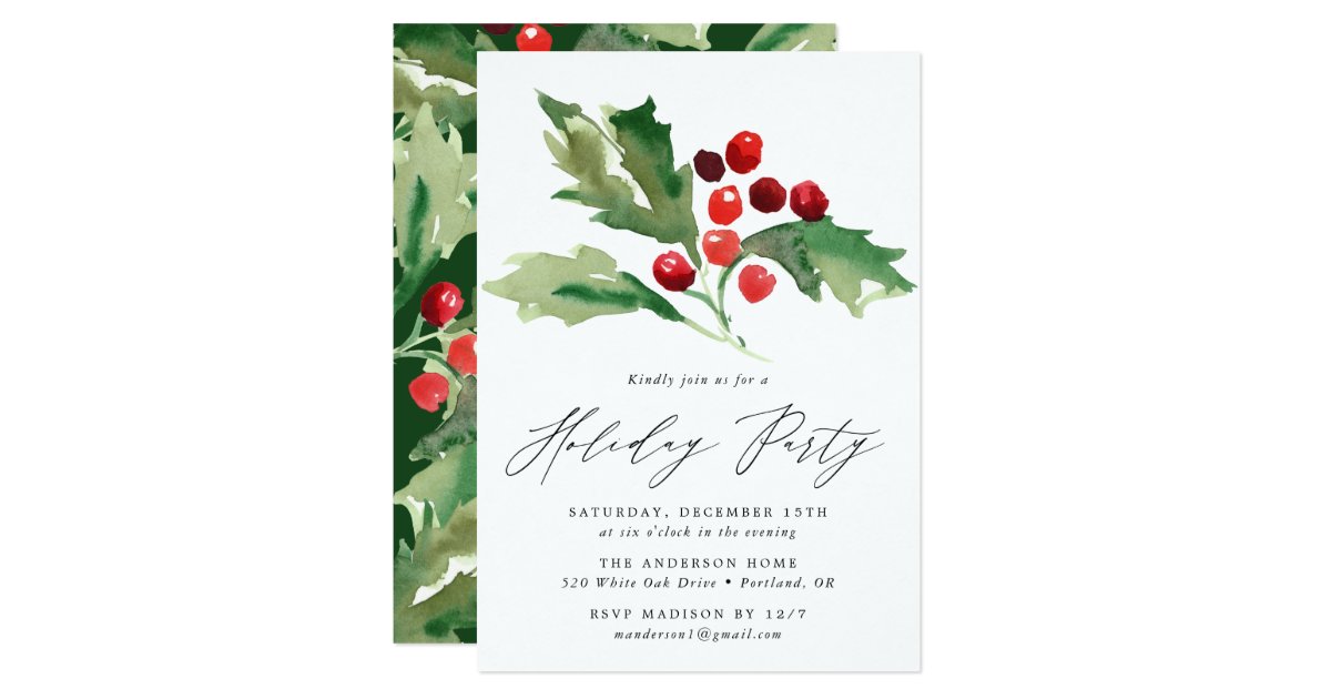 Watercolor Holly Berries Holiday Party Invitation | Zazzle.com