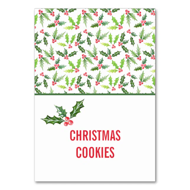 Watercolor Holly Christmas Buffet Food Labels Table Number | Zazzle