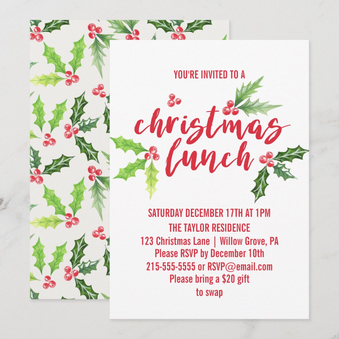 Watercolor Holly Christmas Lunch Invitation | Zazzle