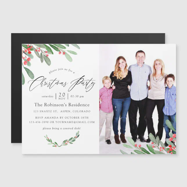 Watercolor Holly Jolly Christmas Party Magnetic Invitation | Zazzle