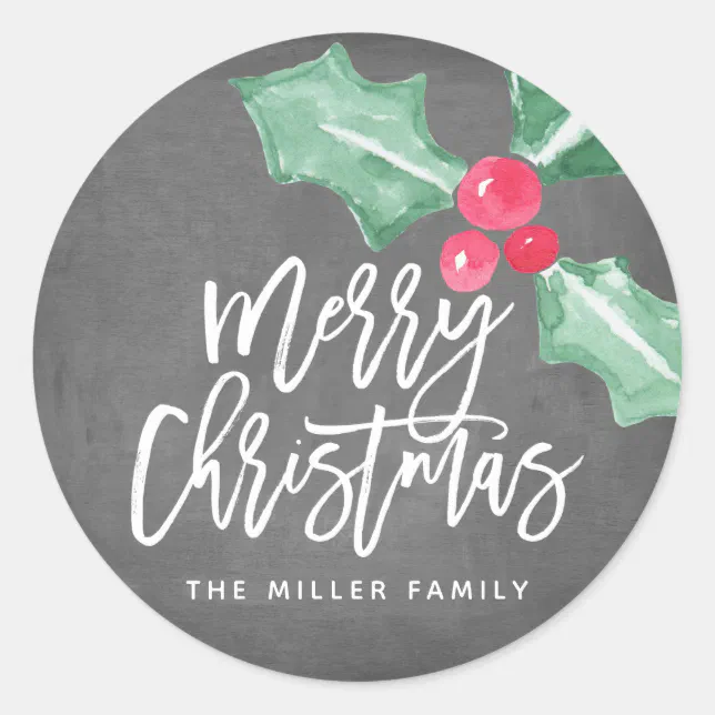Watercolor Holly Merry Christmas Name Sticker | Zazzle