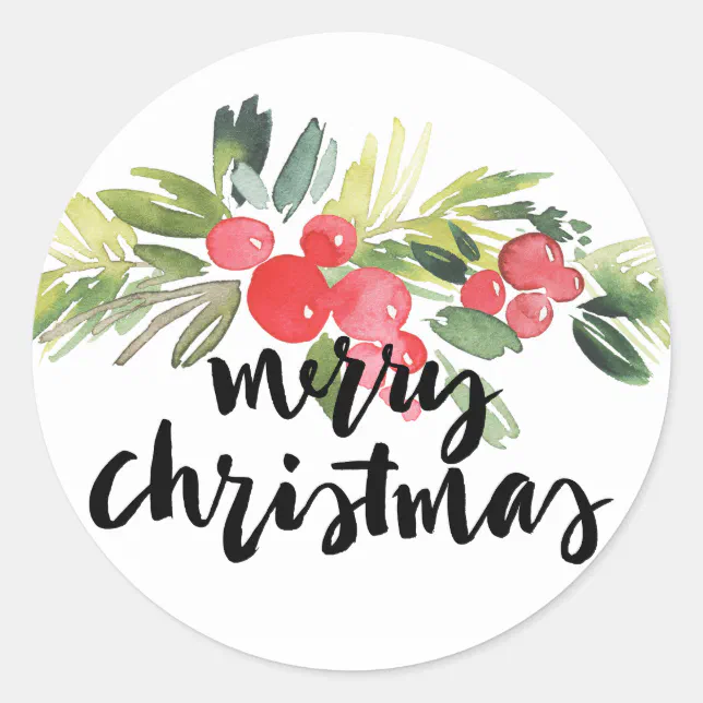 Watercolor Holly Merry Christmas Sticker | Zazzle